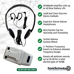 SuperEar Rechargeable Personal Sound Amplifier - 50dB Amplifier with Headphones, Earbuds and Tactile 3 Tone Frequency - Sound Amplifiers for Seniors, Adults and Audiologists - Model SE9000HP (PSAP)