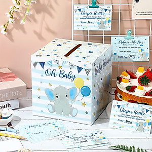 Yisong 50 Blue Elephant Diaper Raffle Tickets with Box for Baby Shower Invitations Baby Boy Elephant Themed Double Sided Card Baby Shower Birthday Decorations Gender Neutral Tickets Insert Card