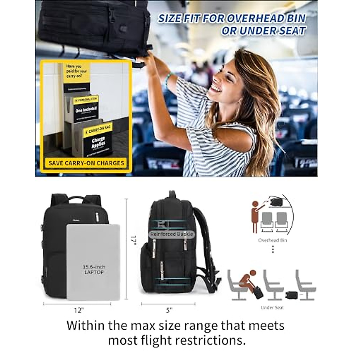 Telena Travel Backpack for Women Large Carry On Backpack Airline Approved Personal Item Backpack with USB Charging Port Waterproof Casual Bag, Black