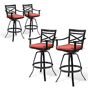 Pellebant Swivel Outdoor Bar Stools Set of 4, Patio Bar Height Chairs with Cushion and Cast Aluminum Frame, Outdoor Furniture w/Armrest & High Back for Deck Lawn Garden, Red