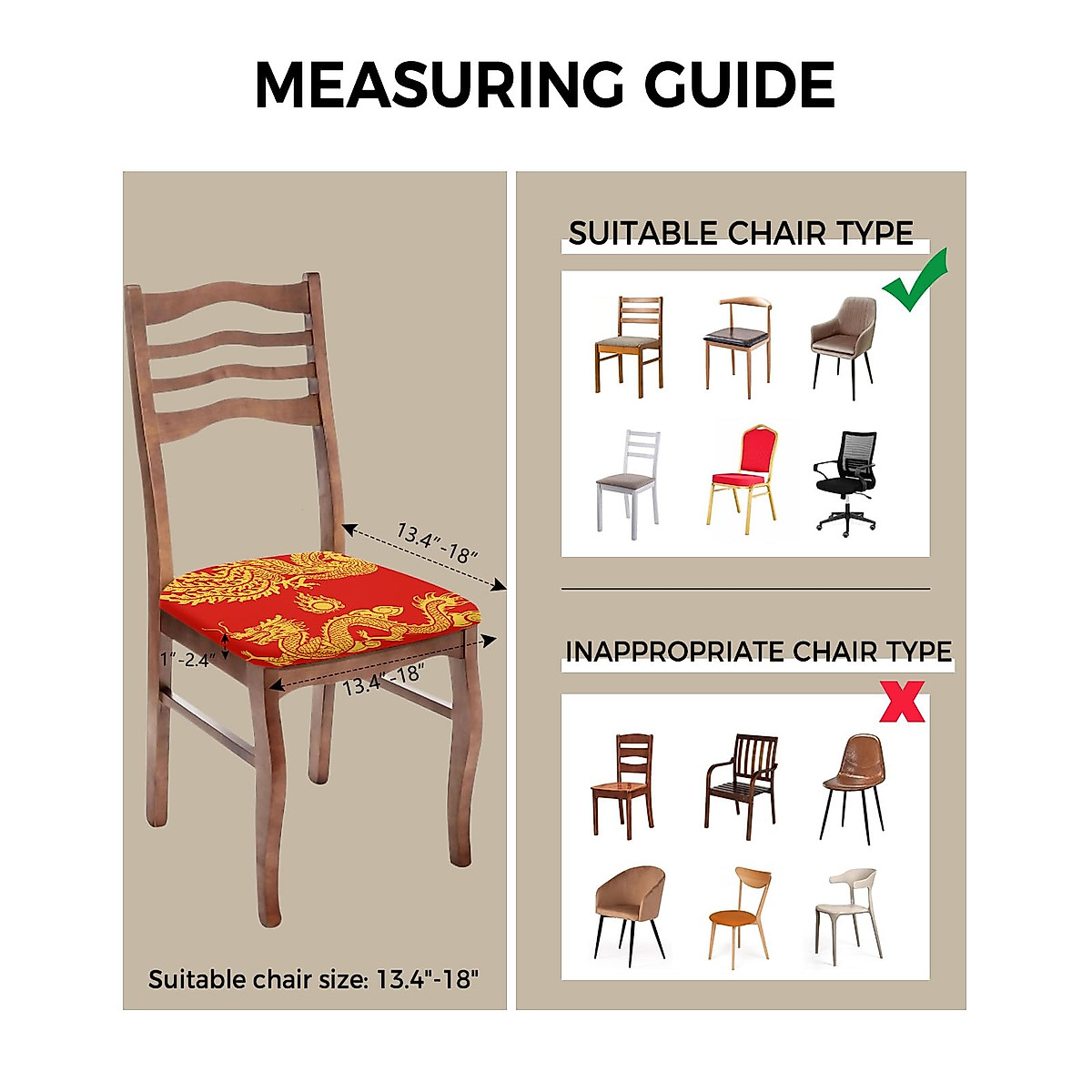 Oriental Dragon Chair Seat Covers for Dining Room Stretch Chair Seat Covers Set of 2, Chair Seat Protector Cushion Slipcovers for Kitchen Restaurant Office Traditional Chinese Happy New Year Red