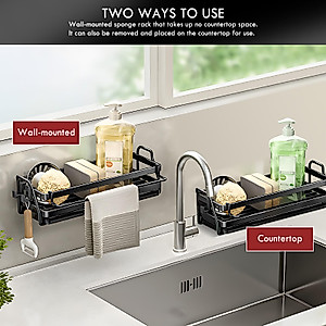 LBTING Sponge Holder for Kitchen Sink, Wall Mounted Sink Caddy with Self-Draining Drain Tray, Stainless Steel Kitchen Sink Caddy for Organizing Sponge, Brush, Soap Dish Dispenser – Black