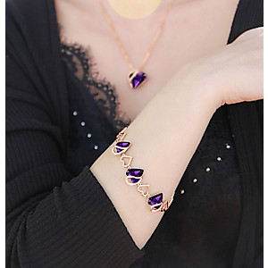 Leafael 18K Rose Gold Plated Love Heart Link Bracelet with Dark Amethyst Pink Healing Stone Crystal for Creativity, Jewelry Gifts for Women, 7" Chain + 2" Extender