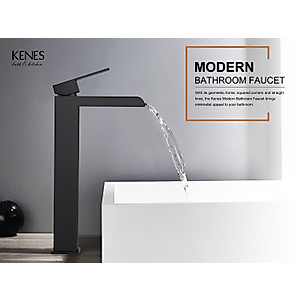 KENES Tall Bathroom Vessel Sink Faucet, Matte Black Tall Waterfall Bathroom Faucet, Single Handle Waterfall Bathroom Faucet Lavatory Vanity Faucet with Pop Up Drain & Water Supply Hoses LJ-9035A-2