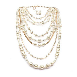 Askana Women's Vintage Retro Classic Style 1920s Fashion Faux Simulate Pearls White Beads Long Multi-layer Layered Statement Strands Necklace with Earrings
