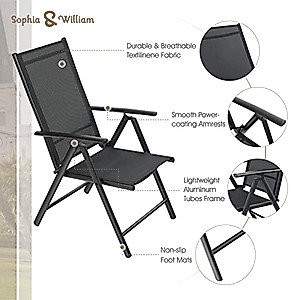 Sophia & William Patio Sling Dining Chairs Set of 2 Foldable and Portable, Outdoor High Back Folding Textilinene Chairs 7 Levels Adjustable for Porch Poolside Balcony Backyard, Black