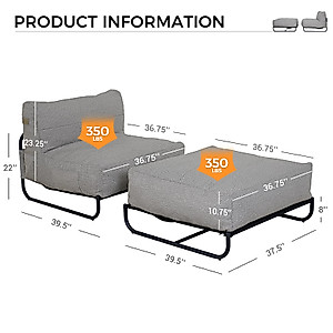 Grand patio 3FT Bean Bag Chair with Ottoman, Oversized Cloud Memory Foam Furniture Beanbag with E-Coated Steel Frame Olefin Removable Cover for Outdoor & Indoor (40"/Grey)