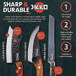 Jikko New Reinforced Carbon Steel Japanese Kitchen Knife Set – Original Series – Ultra Sharp Japanese Knife Set & Chef Knife with Mahogany & Walnut Wood Handles – Professional Chef's Knives