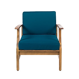 Christopher Knight Home Perla Outdoor 2 Seater Acacia Wood Bistro Set with Cushions, 28.25 "W x 28 "D x 32.75 "H, Teak + Blue