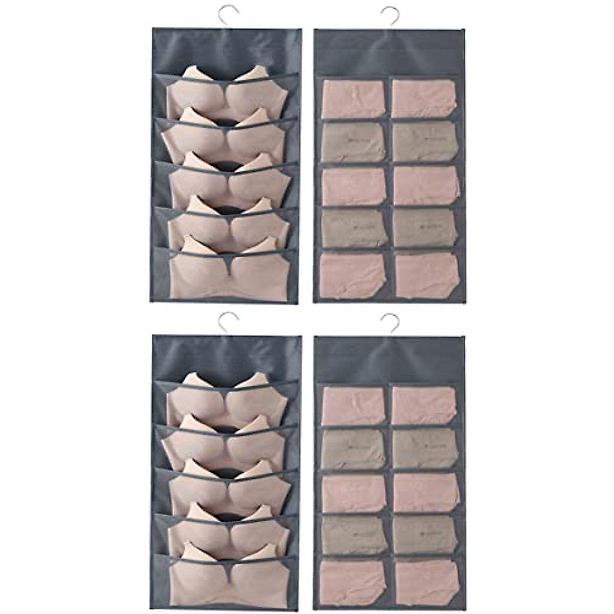 YUNZSXJY Durable Hanging Closet Organizer for Underwear Double Sided with Mesh Pockets,Space Saving Storage Pocket Bra Clothes Socks Organizer Home Basics. (Gray, 2PCS 5+10 Pockets)