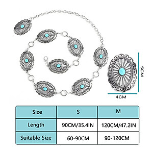 Navoky Turquoise Chain Belts Concho Belt Silver Metal Western Waist Chain Retro Boho Cowgirl Outfit Accessories for women (B, Medium)