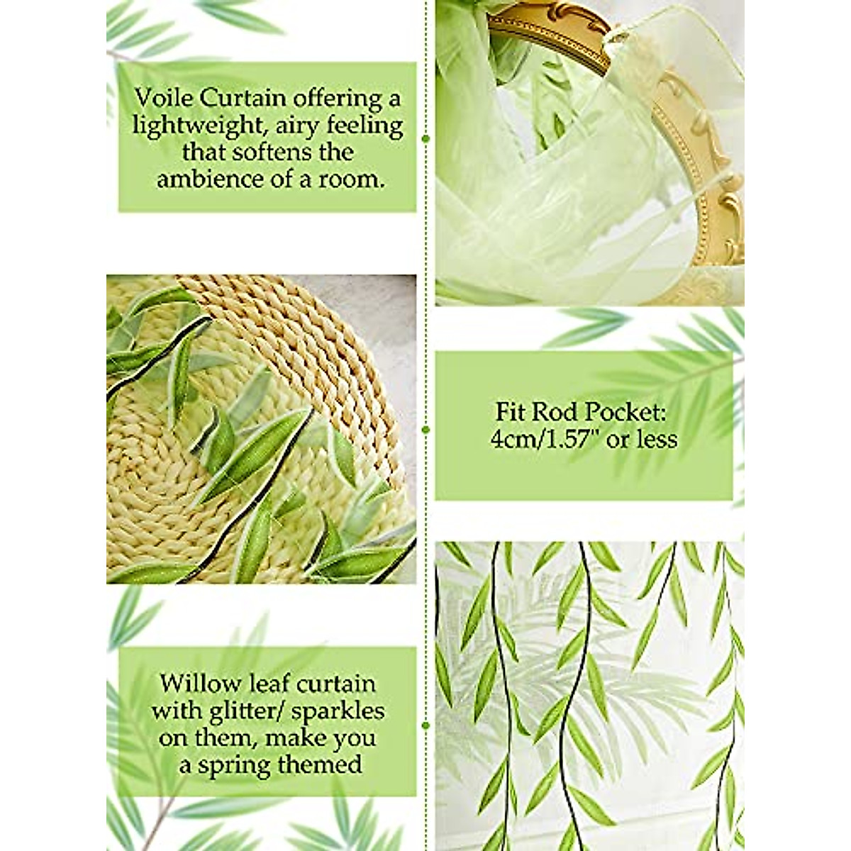 Willow Voile Curtains Cute Green Sheers Leaf Curtain Tulle Vine Window Curtains Nursery Green Sheers Ivy Pretty Curtain for Kids Living Room Bedroom Window Door Balcony (2 Pieces,39.4 x 78.7 Inch)