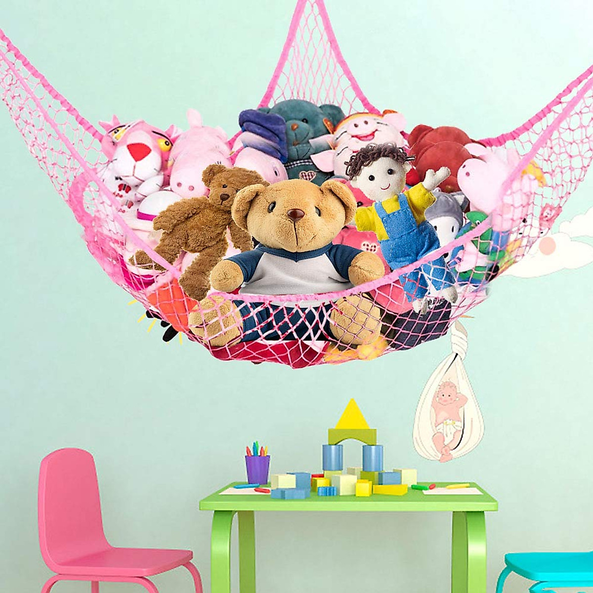 Toy Storage Hammock Net Wall Sling Corner Mesh Nets Stuffed Animal Organizer Storage Net Best for Keeping Rooms Clean for Kids Toys Toy is Durable and Easy to Install Pink