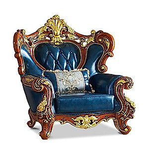 DEKIST European-Style Leather Sofa, Solid Wood Carved Luxury American-Style Villa Sofa, Living Room Furniture Combination Single Sofa is Suitable for Villas, Clubs, Apartme
