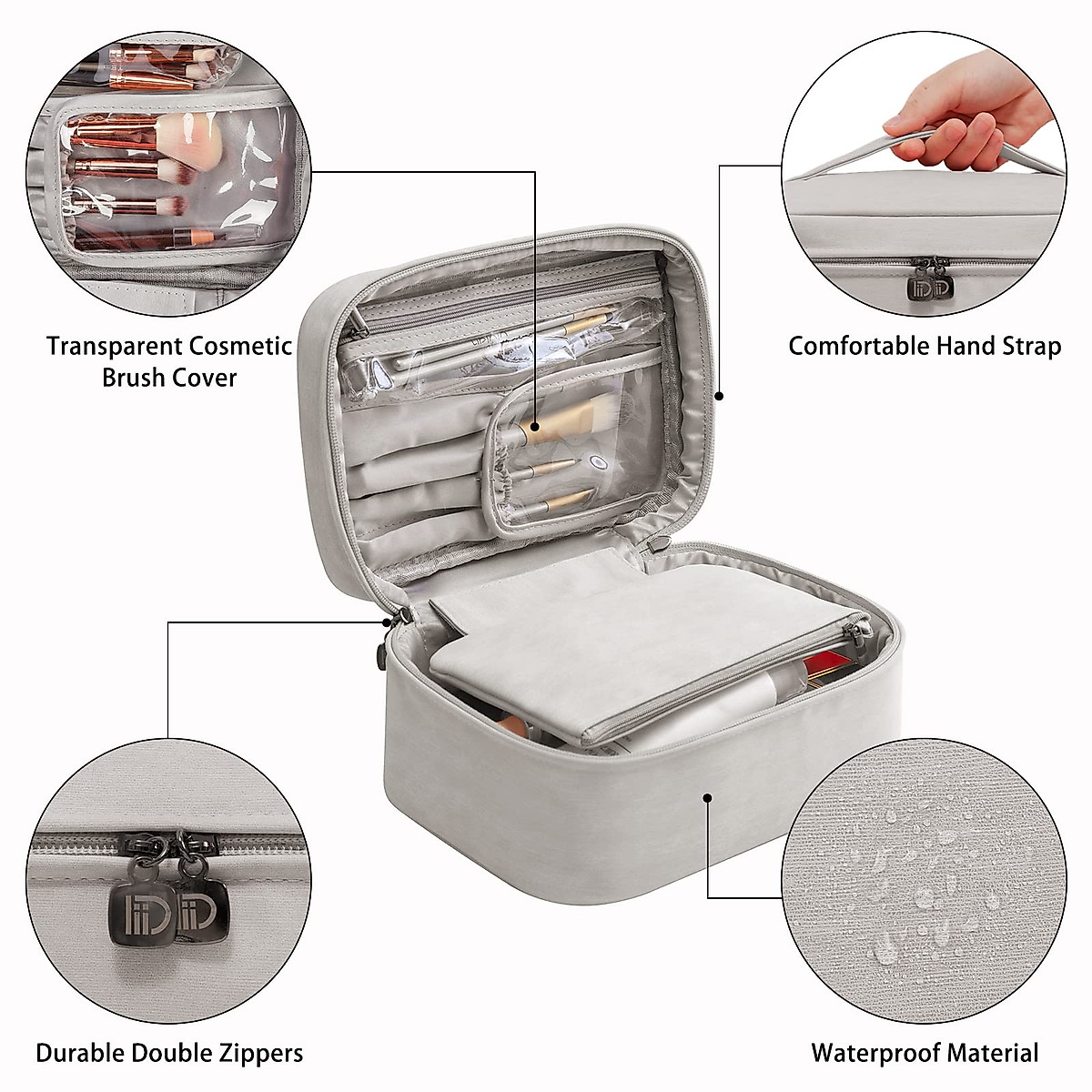 KTMOUW Makeup Bag Waterproof Cosmetic Bag Leather Makeup Travel Bag Portable Makeup Brush Bag Multifunctional Makeup Organizer Bag for Women Girls, 2-Pack, Grey