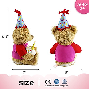 Houwsbaby 13.5'' Birthday Teddy Bear Interactive Stuffed Animal Electric Singing Musical Plush Toy with Cupcake, Glow Candle Teddy Bear Presents for Kids Girls Boys Birthday Holiday