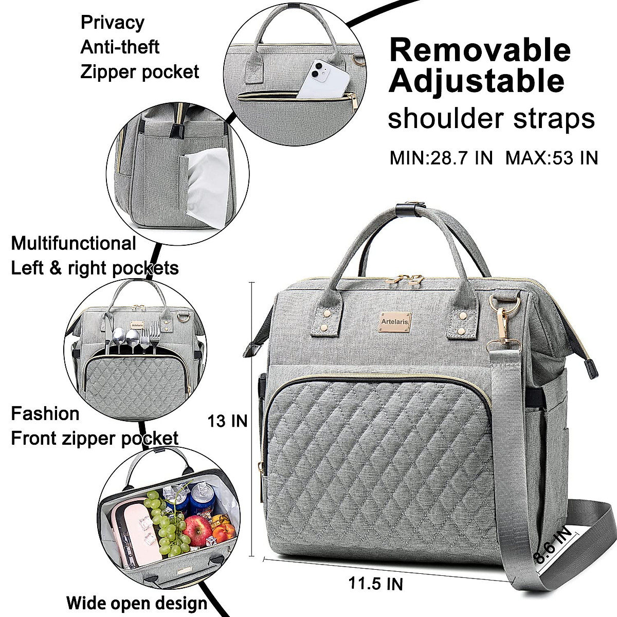 Artelaris Lunch Bags for Women, Insulated Lunch Bag, Large Leak Proof Lunch Cooler Bag, Lunch Tote Bag for Work, Meal Prep Lunch Box for Women, Red and Grey