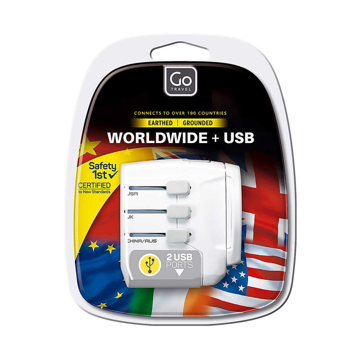 Worldwide Adapter + USB, Universal Earthed Travel Adapter with Twin USB Ports, for Small Electrical Devices, Travel Essentials