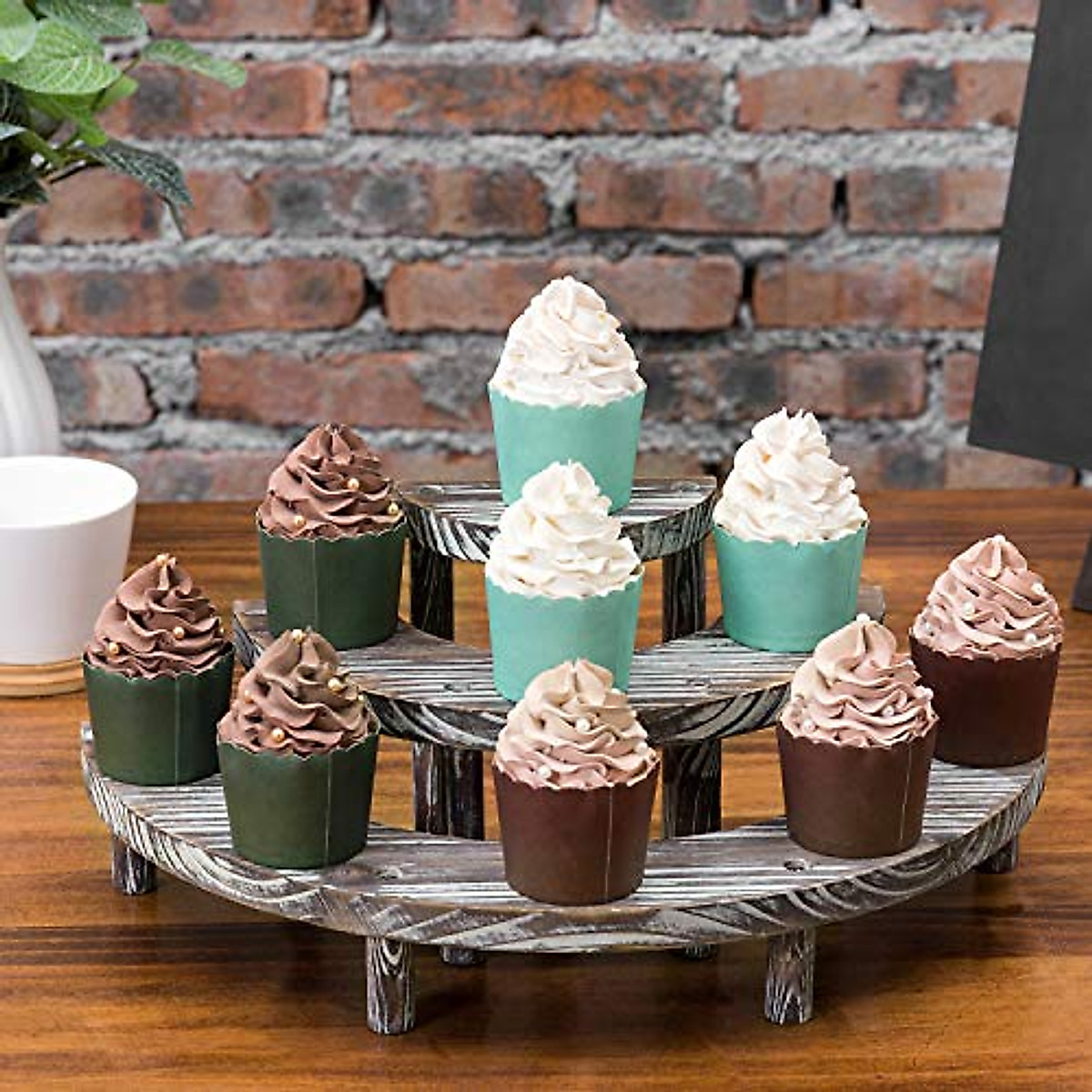 MyGift 3 Tier Rustic Torched Wood Semicircle Cupcake Stand Display Risers