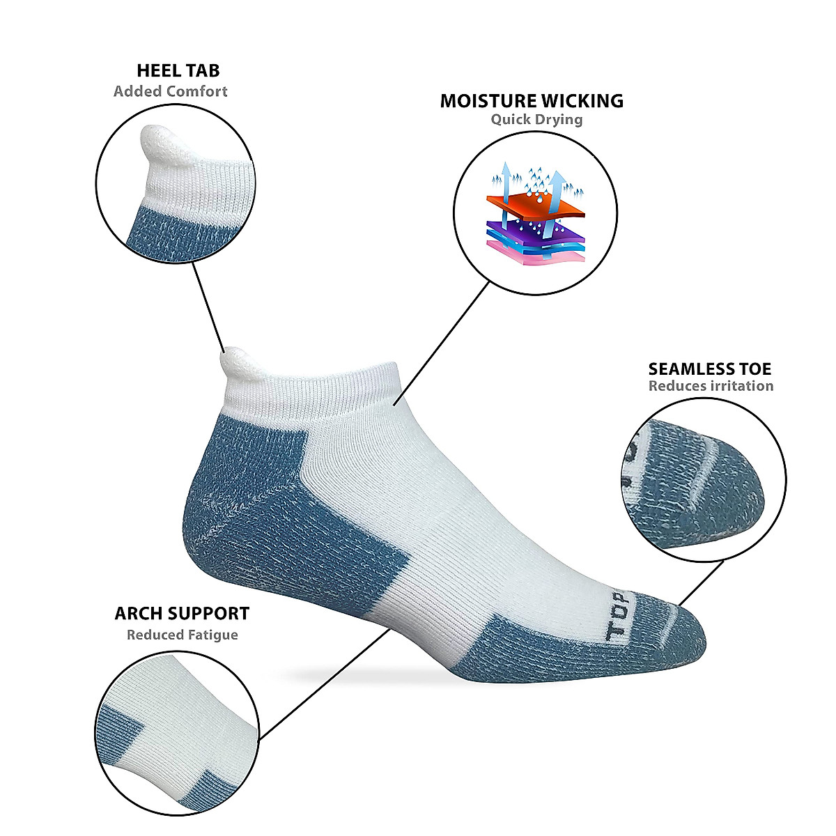 Top Flite Mens Moisture Wicking Seamless Toe Heel Tab Sport Socks 3 Pair Pack (as1, alpha, l, regular, regular, White, Large)