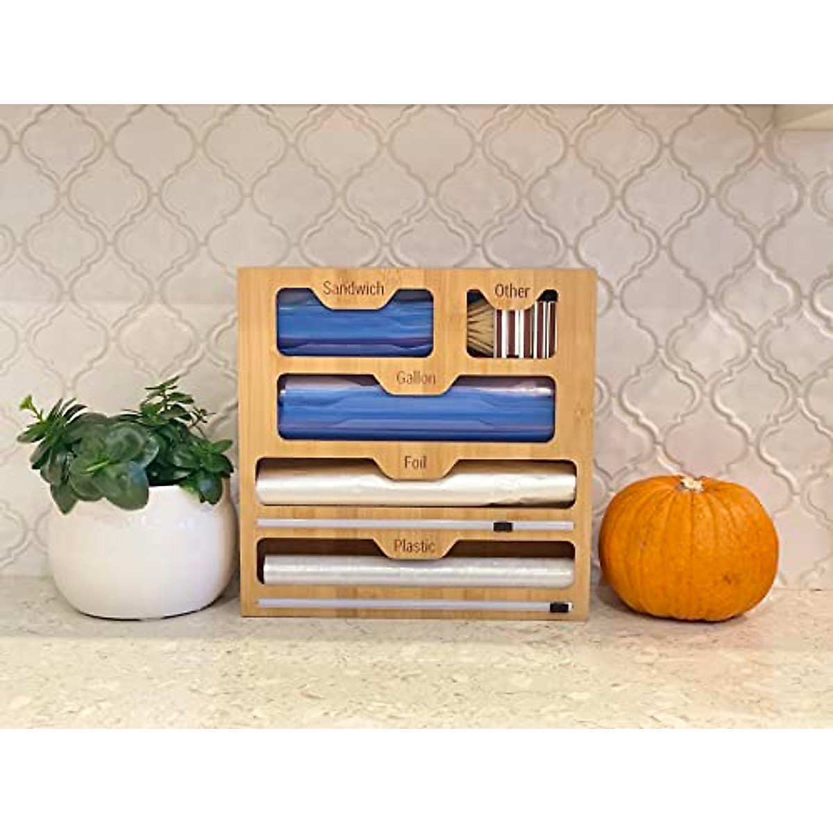 5 in 1 Ziplock Bag Organizer for Drawer - Easy to Use Plastic & Aluminum Foil Wrap Dispenser With Cutter Made of Premium Quality Solid Bamboo - Compatible for Gallon, Quart, Sandwich & Snack Size