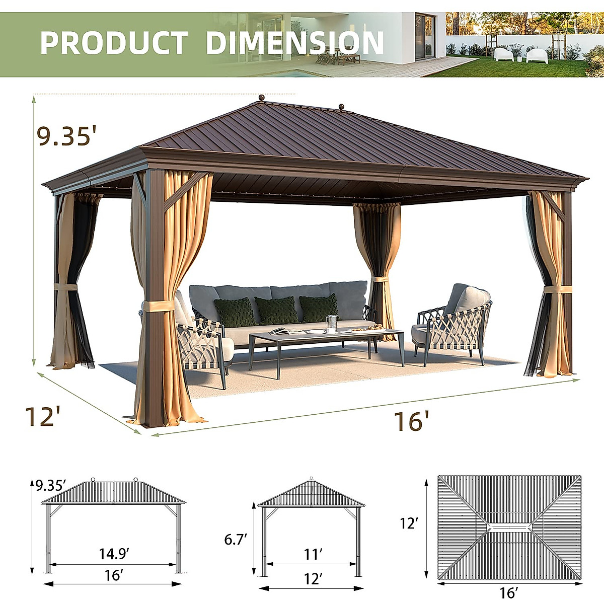 YOLENY 12' X 16' Hardtop Gazebo Galvanized Steel Outdoor Patio Gazebo Canopy Permanent Gazebo with Single Roof Aluminum Frame, Netting & Curtains for Garden, Patio, Lawns, Deck