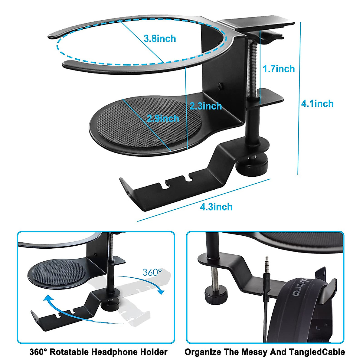 LBTING Desk Cup Holder, 2-in-1 Adjustable & 360° Rotating Office Gaming Desk Accessories for Under Desk Headphone Stand Hanging Headset, Holding Coffee Mug, Drinks, Water Bottle – Black
