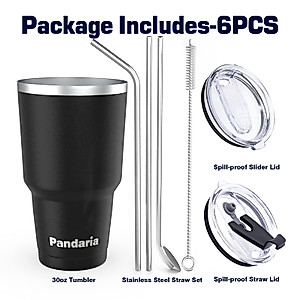 Pandaria 30 oz Mens Travel Coffee Tumbler Cups, Double Wall Stainless Steel Reusable Spill Proof Tumbler with Straw, Leak Proof Insulated Tumbler with Straw for Iced Coffee, Tea & Water (Black)