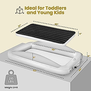 ELTOW Toddler Blow Up Mattress with Sides, Inflatable Toddler Travel Bed with Safety Bumpers for Travel, Complete Kids Air Mattress Set with High Speed Pump and Carry Bag - Black