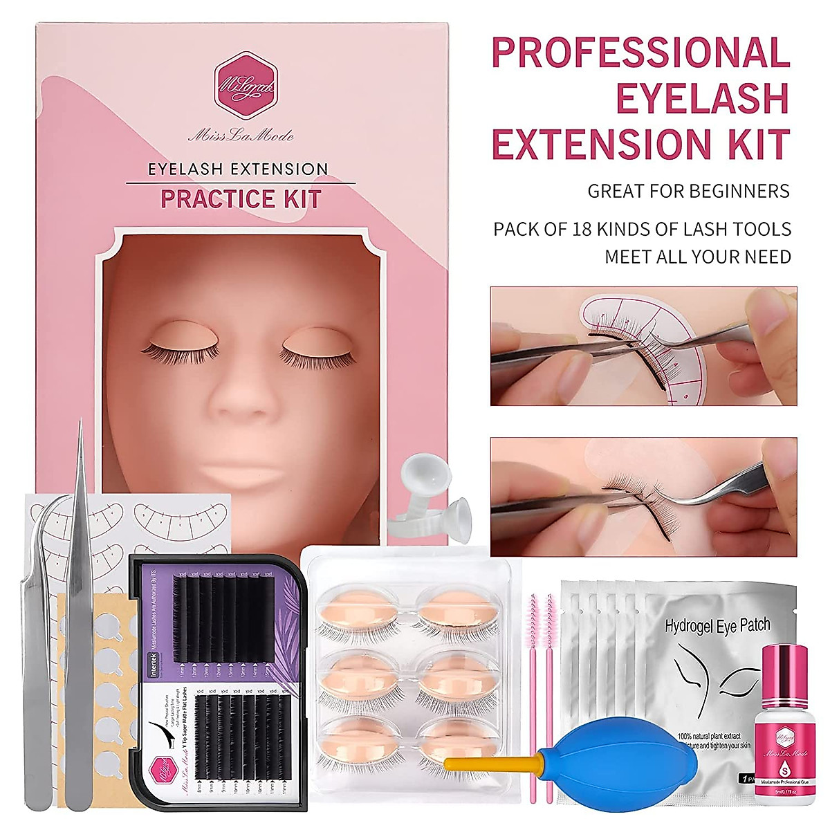 MIILAMOD Eyelash Extension Kit,Training Lash Extension Supplies for Beginners,Lash Mannequin Head With Replaced Eyelids Silicone Training Exercise Set,Eyelash Extension Practice Kit