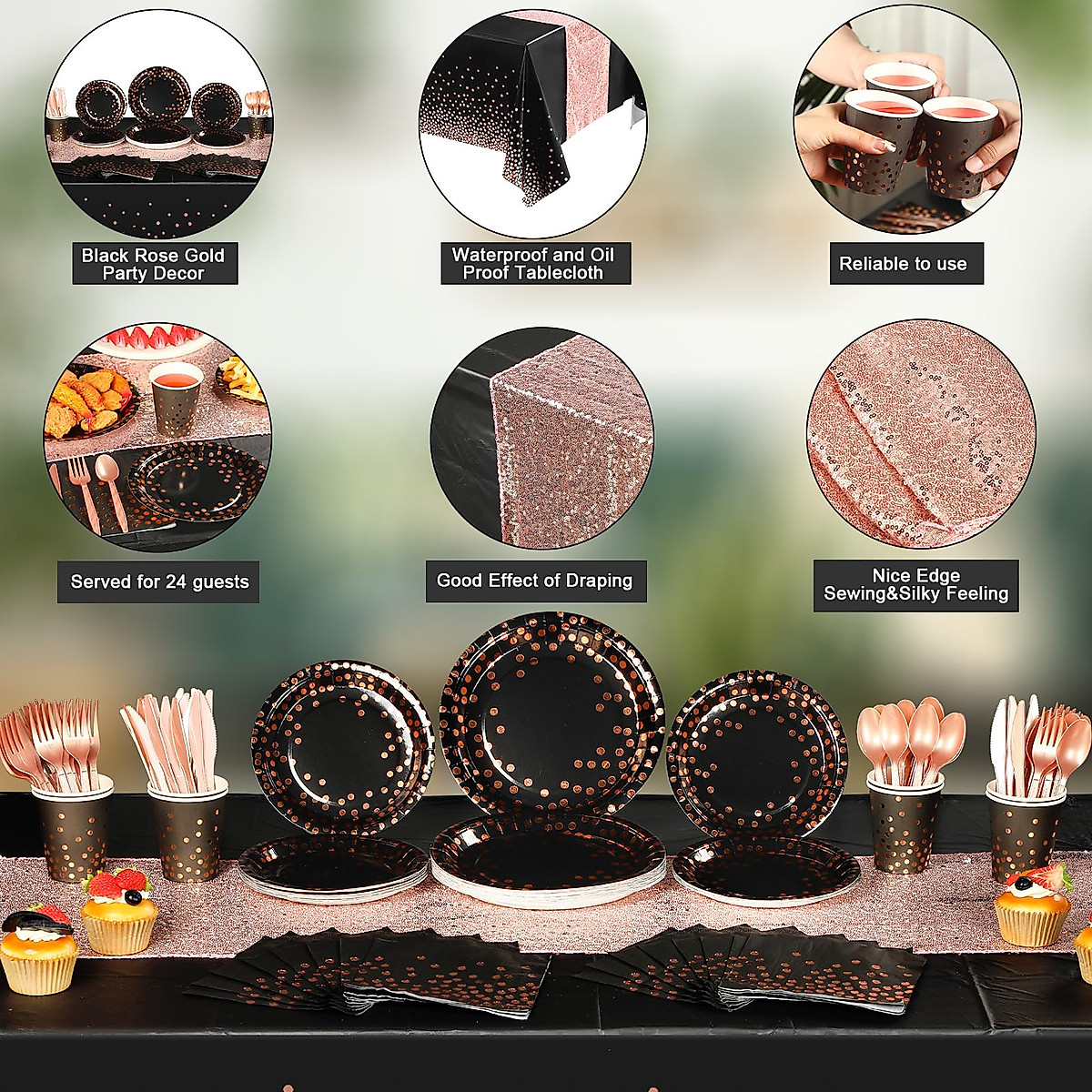 Capoda Black and Rose Gold Party Supplies Serve 24 Guest Rose Gold Dot on Black Paper Plate Napkin Cup Disposable Tablecloth Sequin Table Runner Cutlery for Wedding Bridal Shower Birthday Decorations