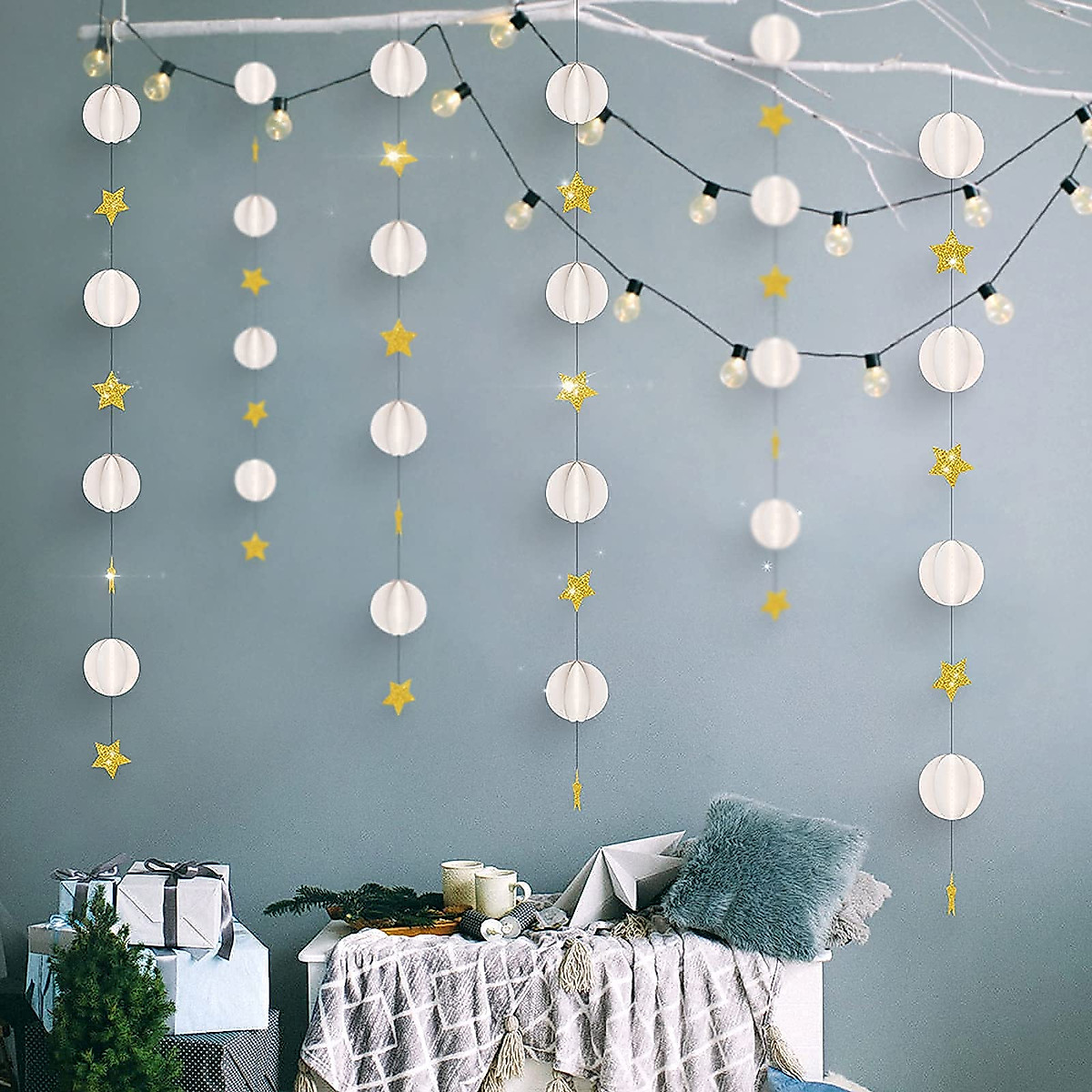 HappyField White Gold Baby Shower Decorations 2Pcs Glitter Gold Star White 3D Circle Garland Rustic Baby Shower Decorations Birthday Party Decorations Wedding Decorations Bridal Shower Decorations