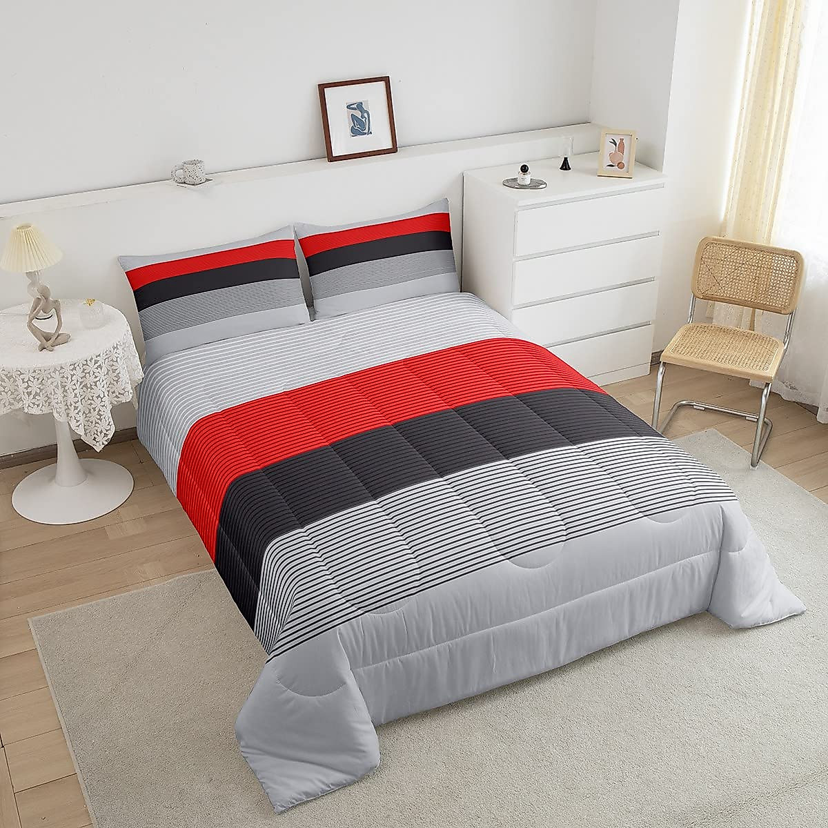 Erosebridal Stripes Duvet Insert for Women, Gray and Black Red Patchwork Striped Bedding Set, Modern Abstract Art Comforter Set Ombre Bright Gray Stripes Quilt Farmhouse Decorations, Queen Size