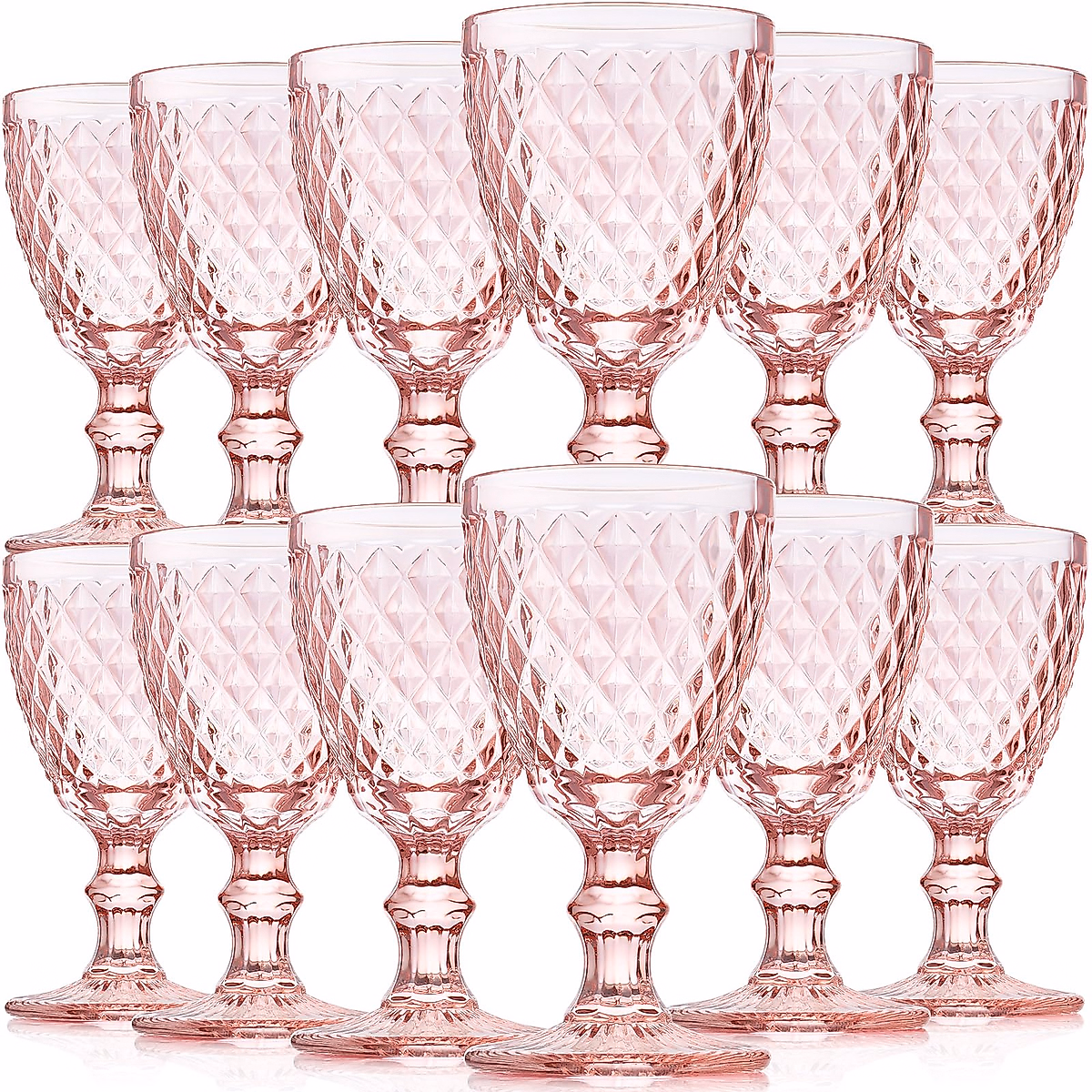 Lallisa Pink Wine Glass Set of 12 Vintage Glassware Goblets Red Wine Glass 8 oz Embossed Drinking Glass with Stem High Clear Stemmed Cups Goblet for Wedding Party Banquet Feast Bar, Daily Use