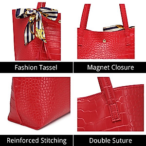 Women's Tote Shoulder Bag PU Leather Big Capacity Tassel Handbag (Large, L-Crocodile pattern Red)