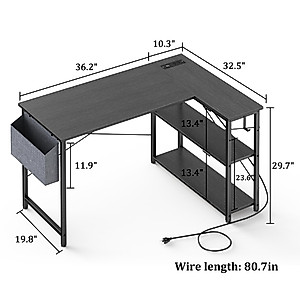 Mr IRONSTONE L Shaped Desk with Outlets & USB Ports, Reversible 47 Inch Office Desk, Corner Desk for Small Space, Home Office Desk with Storage Bag & Hook, Black