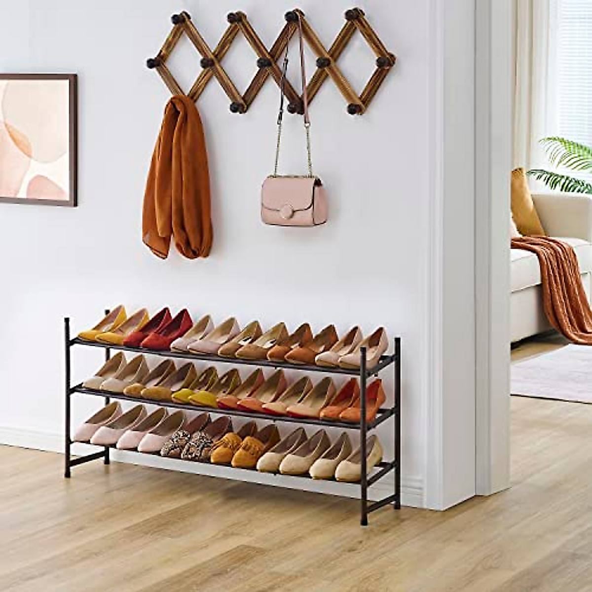 Tajsoon Expandable Shoe Rack Organizer, 3 Tier Adjustable Shoe Shelf, Metal Iron Shoe Storage Organizer for Closet Bedroom Entryway, Bronze