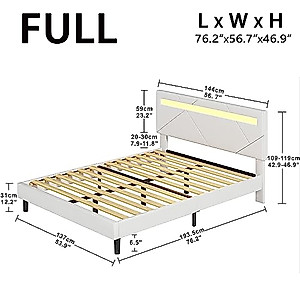 LIKIMIO Full Bed Frame with LED Lights, Modern PU Leather Upholstered Platform Bed with Headboard, No Box Spring Needed/Noise-Free/Easy Assembly, White