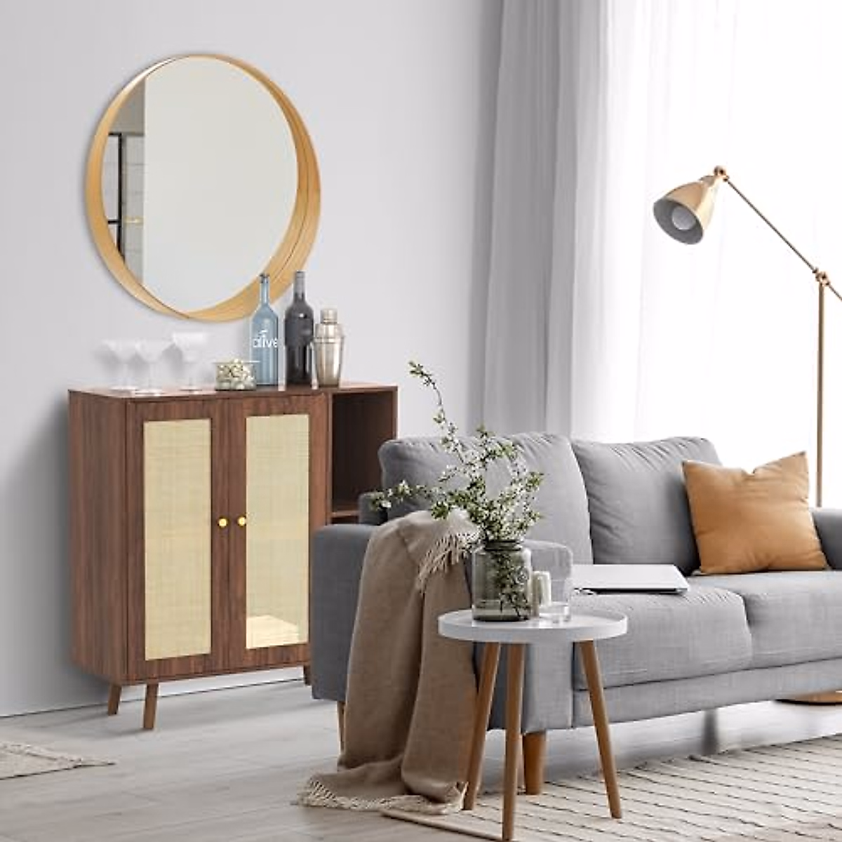 Atlantic Loft & Luv Remy Boho Mid-Century Bar Cabinet with Natural Rattan Panels with Storage, Walnut Finish