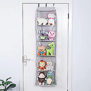 Stuffed Animal Storage, Hanging Over The Door Stuffed Animal Organizer with 5 Clear Dust-Proof Pocket Organizer for Display Kid's Toys.(Light Gray)