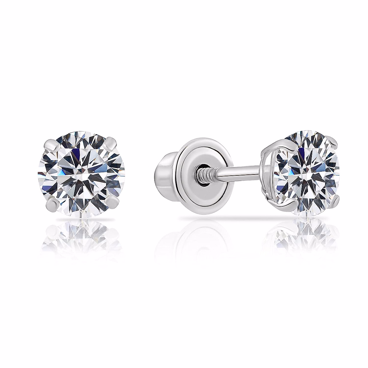 14k White Gold Solitaire Round Cubic Zirconia CZ Stud Earrings in Secure Screw-backs (4mm)…