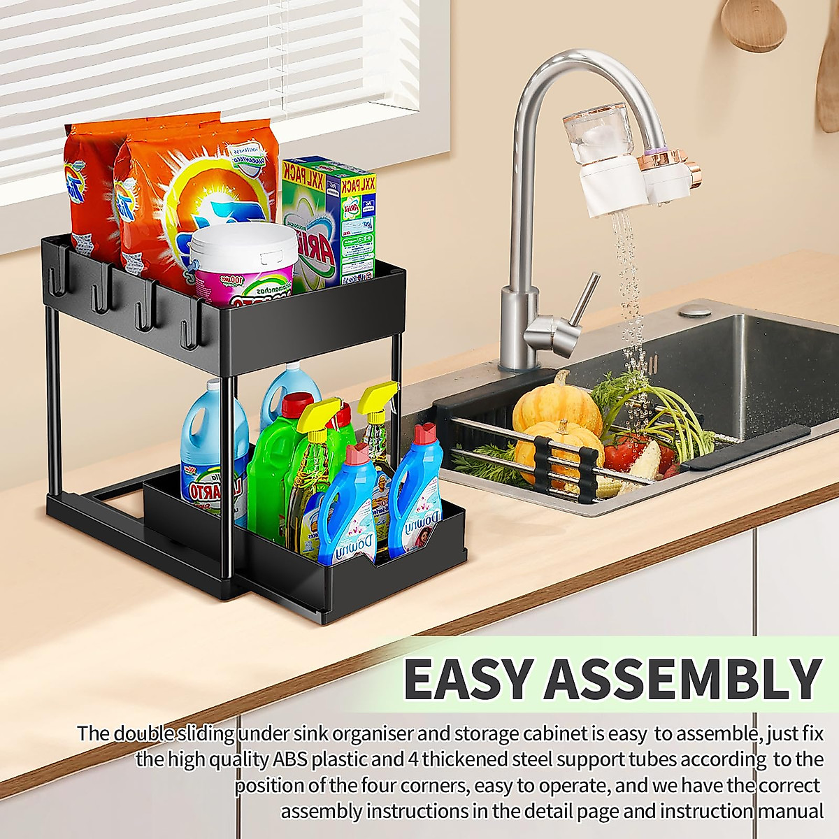 Kitchen Multi-Purpose Sink Organiser, Under Drawer Organiser, Under Sink Storage, 2 Tier Under Cabinet Organiser with Hooks and Cups, Cupboards, Bathrooms and Kitchens, Black