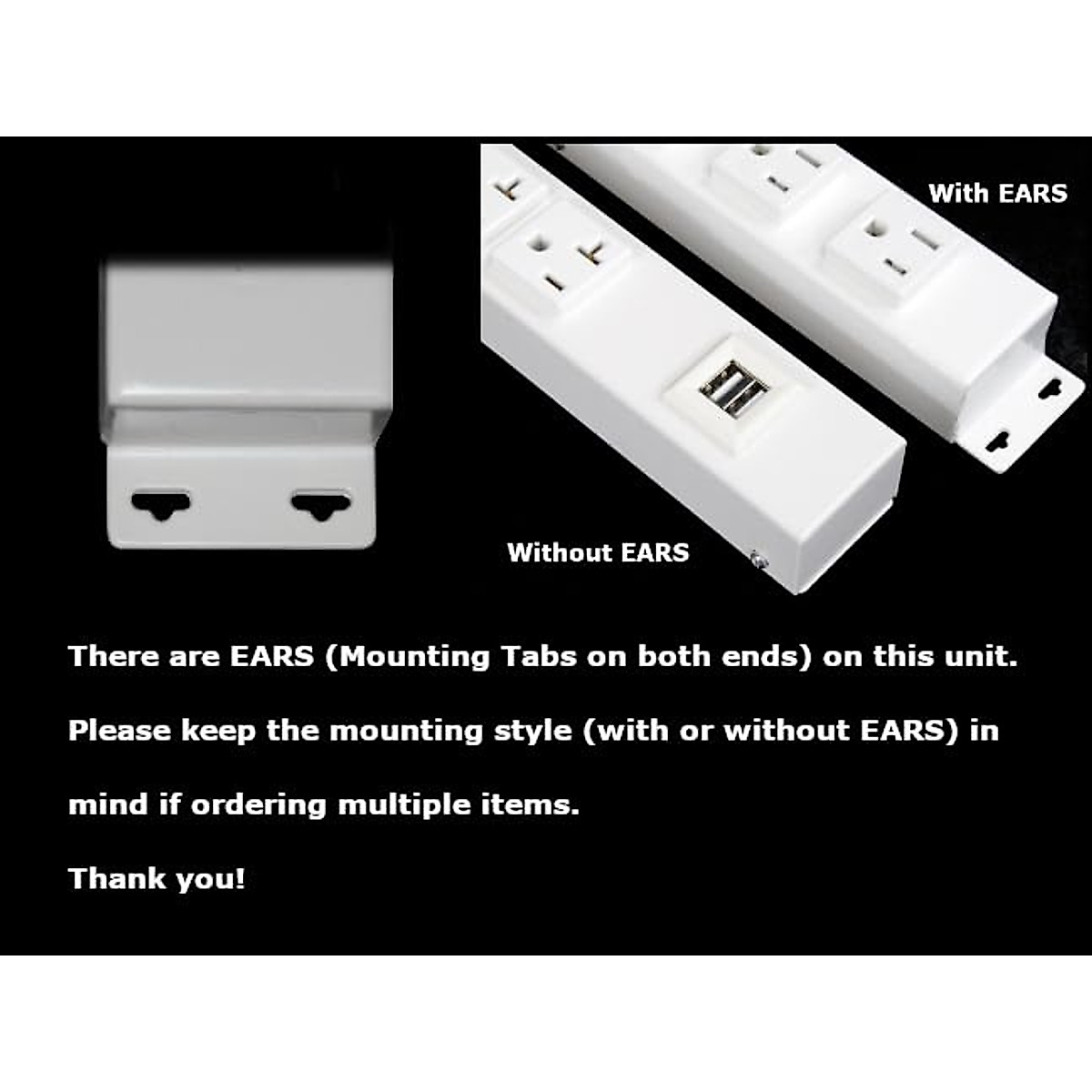 24” Hardwired Power Strip (NO Power Cord), 6 (NEMA 5-20R) Vertical Outlets (NOT Tamper Resistant), with Ears (mounting tabs on Both Ends), 20 Amp, USB, White