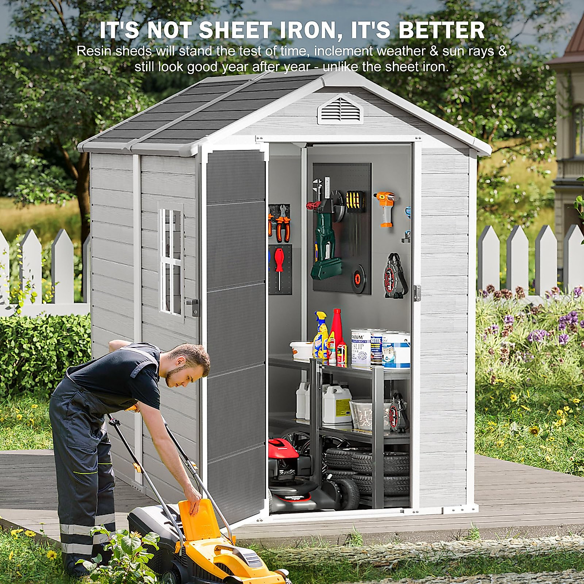 CDCASA 6x4 FT Outdoor Resin Storage Shed with Floor & Lockable Door & Window & Vents Included, Waterproof Outside Plastic Sheds for Backyard, Patio, Poolside, Lawn, Gray