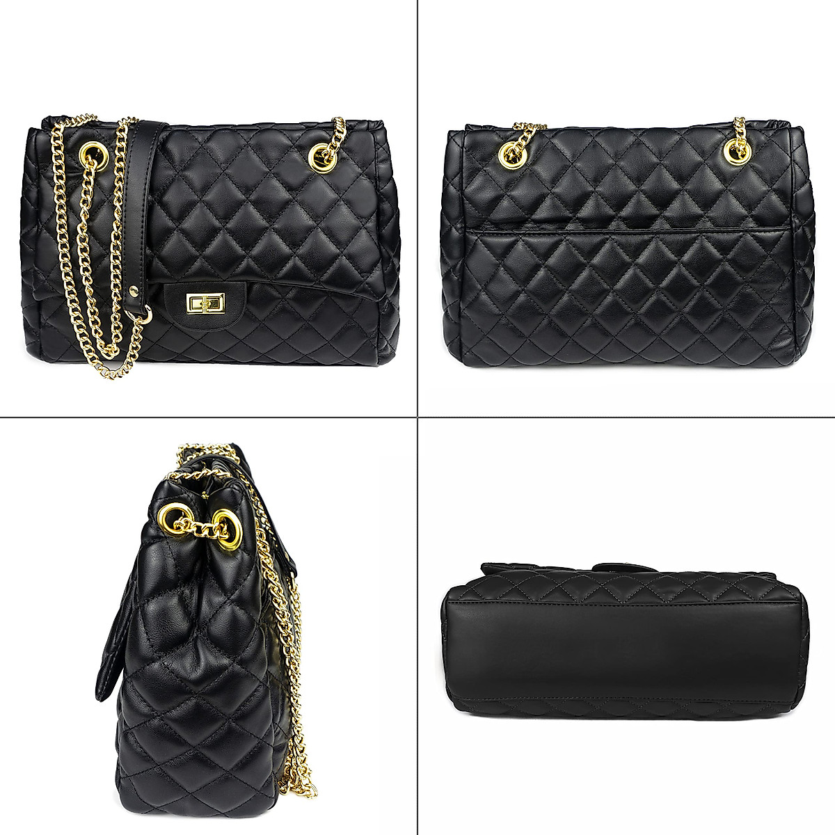 Rejolly Quilted Shoulder Bags for Women PU Leather Ladies Crossbody Handbag Stylish Envelope Purse with Chain Strap (Black)