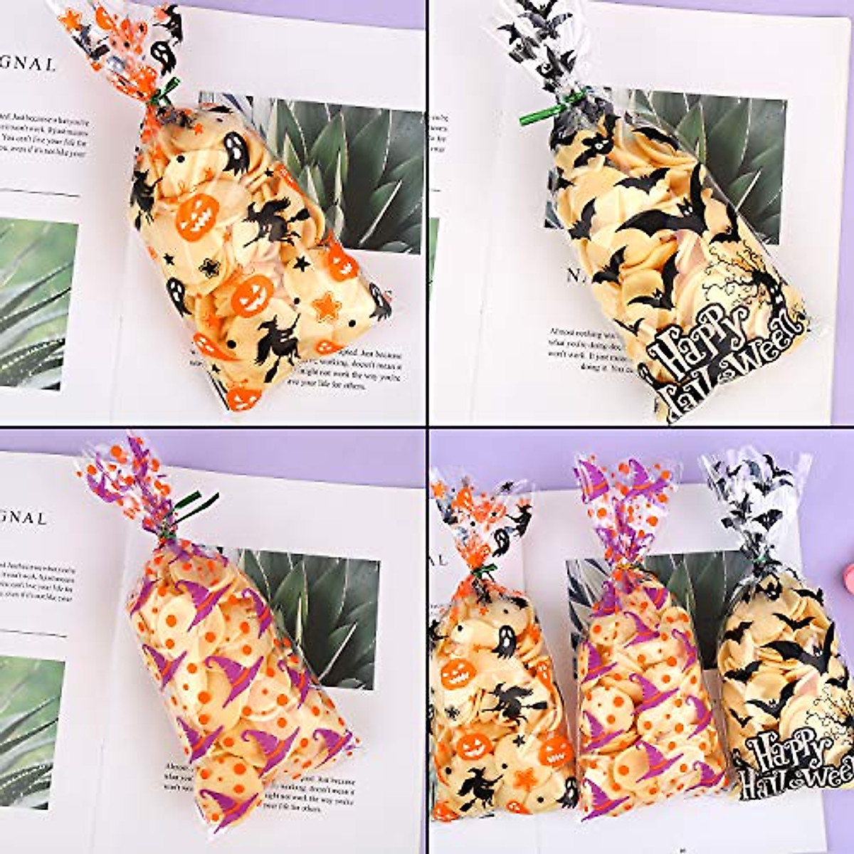 DIYASY 150 Pcs Halloween Cellophane Treat Bags,Candy Bags Bats Pumpkin and Witch Halloween Goody Bags with 300 Twist Ties for Kids Halloween Party Favor