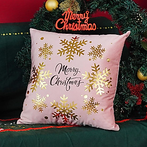 ONWAY Pink Gold Christmas Decorations Throw Pillow Covers 18x18 Set of 4 Snowflakes Reindeer Decorative Cushion Cases Xmas Golden Decor for Couch Sofa Bedroom