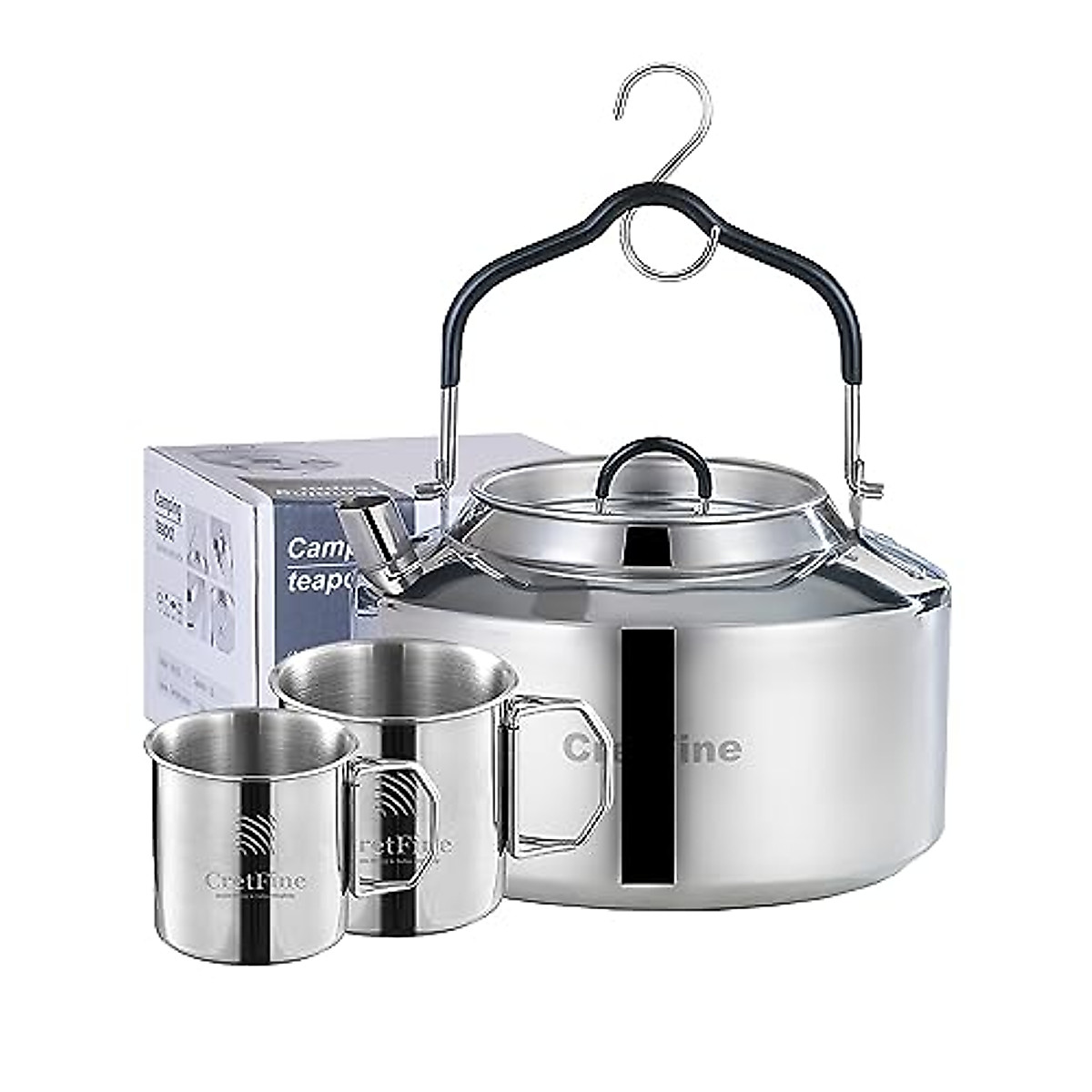 CretFine 304 Stainless Steel Camping Tea Kettle with Stackable Cups and Portable Bag, Anti-scalding Open Campfire Coffee Tea Pot, 1.1 Qt
