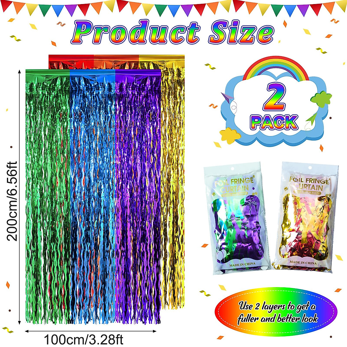 2 Pack 3.3X6.6Ft Rainbow Wavy Foil Fringe Curtains Backdrop Decorations, Rainbow Metallic Tinsel Foil Streamers Photo Booth Background for Birthday Wedding Engagement Bridal Shower Party Decorations