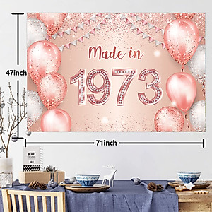 Made in 1973 Rose Gold Happy 50th Birthday Banner Cheers to 50 Years Old Backdrop Balloon Confetti Theme Decor Decorations for Women Pink Birthday Party Supplies Bday Background Glitter